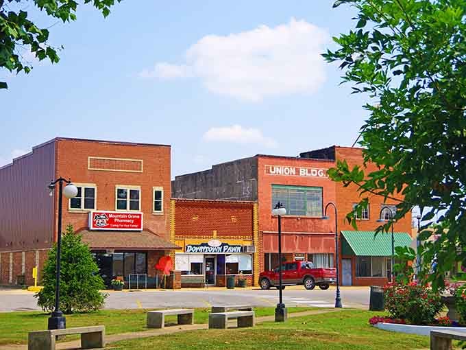 The Union Block building dominates the square, its faded signage a reminder of bustling commerce from decades past.
