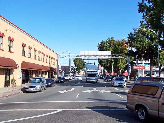 Downtown traffic moves at a civilized pace where pedestrians still have the right-of-way and drivers remember it.