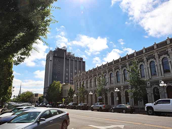 Ornate Victorian architecture stands proudly alongside simpler buildings, creating a downtown that honors every chapter of its history.