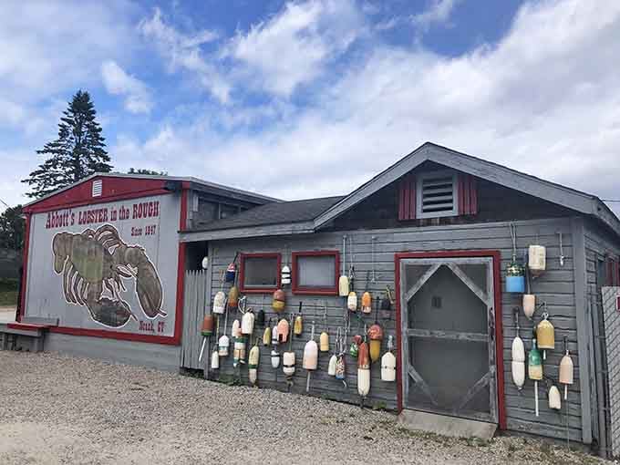 Weathered shingles adorned with vintage buoys tell stories of countless summers and generations of satisfied lobster lovers here.