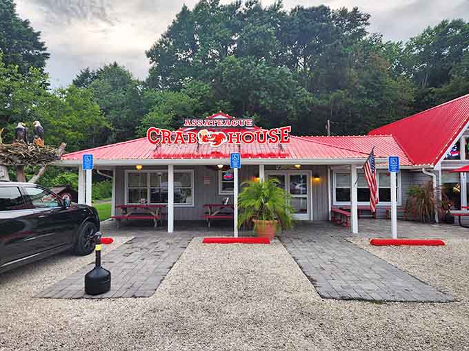 That bold red roof catches your eye from the highway, calling you to stop for unlimited crabs.