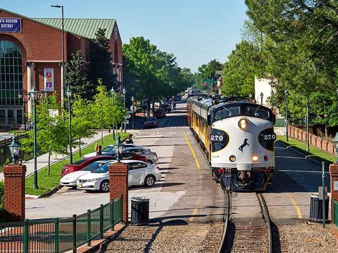 Tree-lined streets frame this classic train as it glides through downtown, blending seamlessly with the historic architecture.
