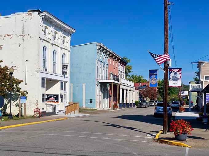 Patriotic flags and pastel buildings create an all-American scene that Norman Rockwell would have loved to paint.