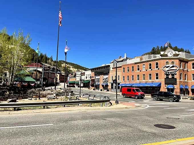 Historic brick buildings and mountain backdrop create the perfect setting for a day of small-town exploration.