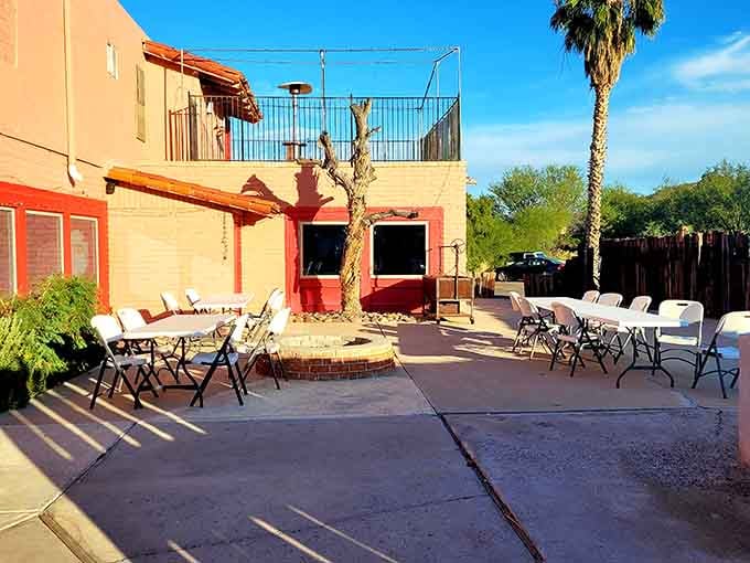Palm trees sway above this laid-back patio where simple tables host memorable steak dinners under Arizona skies.