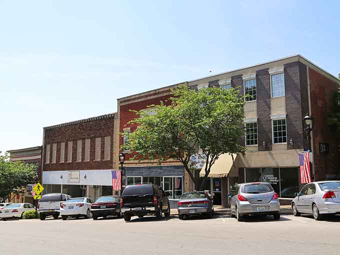 American flags flutter above the street where local businesses keep this downtown thriving and vibrant.