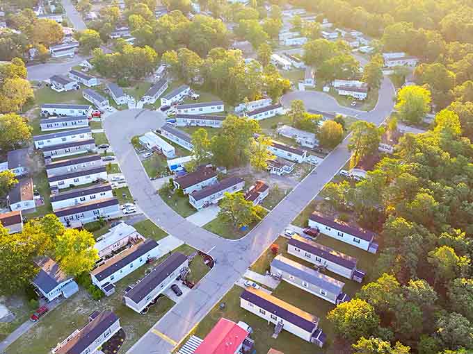 Golden hour bathes the organized streets in warm light, highlighting the tidy community planning of this retirement haven.