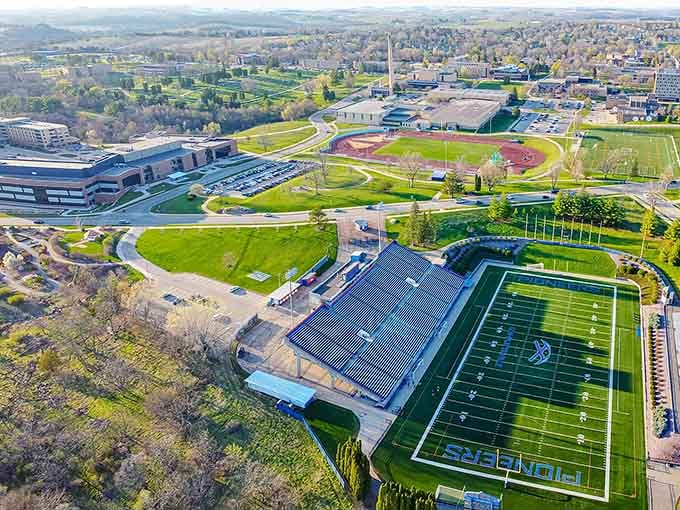 Athletic fields and green spaces spread generously across this town where active retirement living meets Midwestern value perfectly.