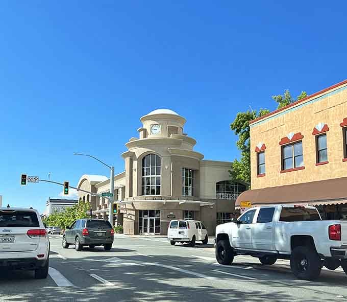That distinctive round building anchors the intersection with architectural flair that makes you slow down and appreciate design.