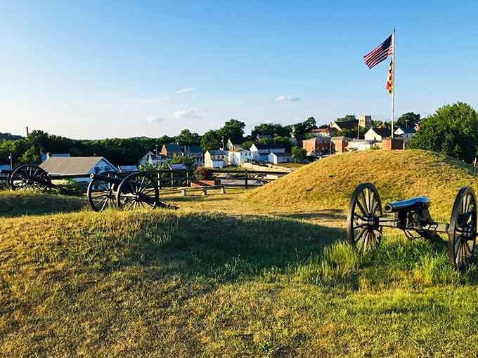 Historic cannons guard the riverside where American history unfolded, reminding us that peaceful places often have dramatic pasts worth remembering.
