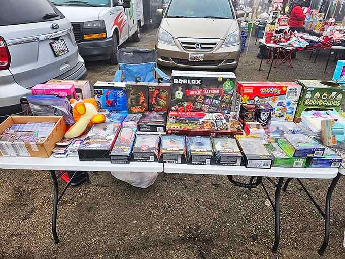 Kids' toys and games line tables with everything from Roblox to Pokemon for the young collectors.