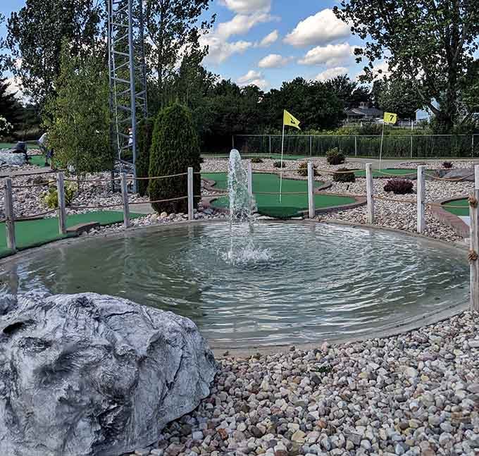 That moment when the fountain on the mini golf course is fancier than anything in your actual backyard at home.