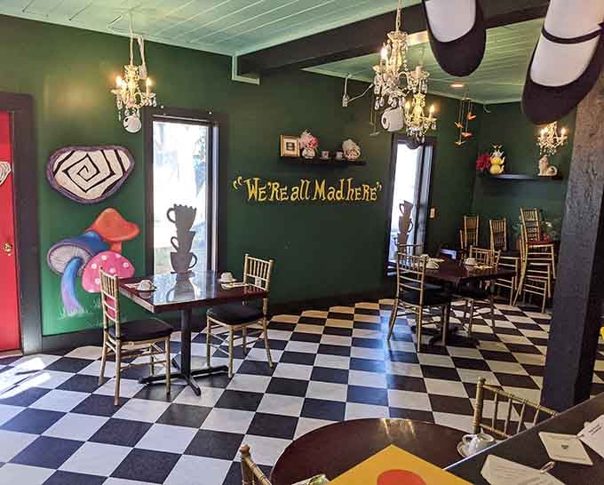 The green room beckons with "We're all Mad here" written in gold, stating the obvious beautifully.