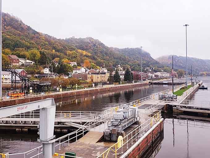 Lock and Dam No. 4 orchestrates the Mississippi's flow, engineering marvel meets natural wonder in perfect harmony.