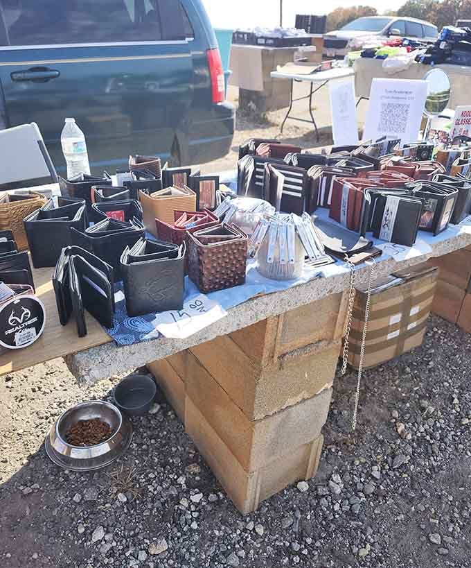 Wallets and purses displayed on cinder blocks&mdash;the height of rustic retail presentation that somehow works perfectly at flea markets.