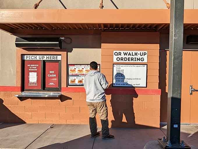 Ordering at the outdoor window on a sunny Arizona day, about to experience coastal cuisine in landlocked glory.