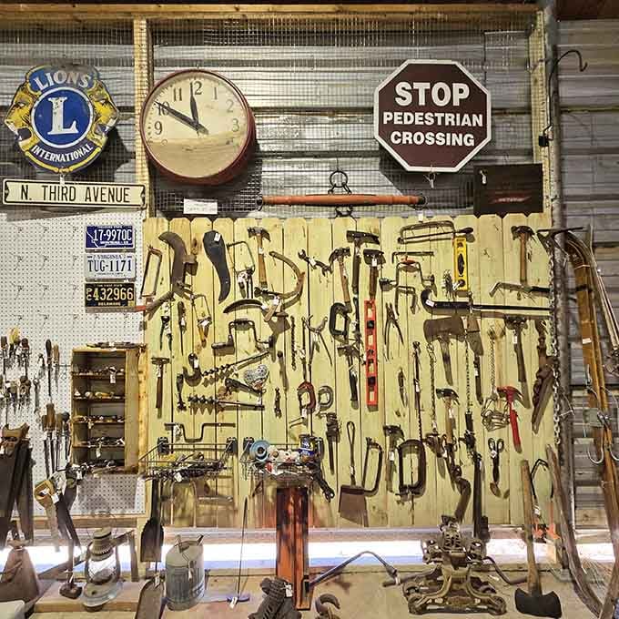 This tool wall would make Tim Allen grunt with approval; it's organized perfection meets vintage craftsmanship dreams.
