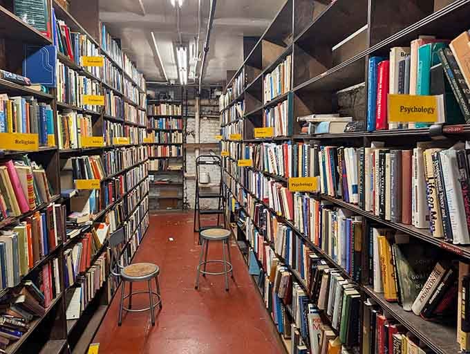 Yellow category signs guide you through narrow passages where bibliophiles feel like kids in the world's smartest candy store.