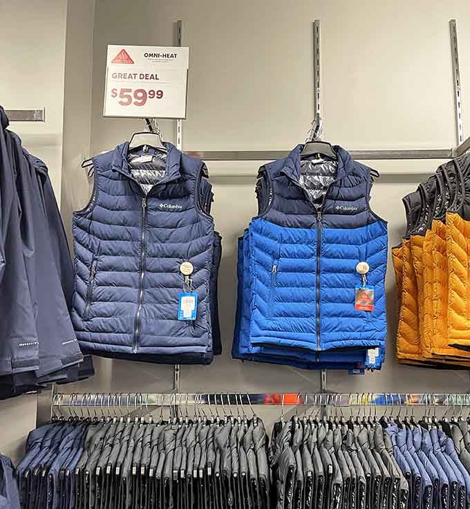 Columbia vests hanging perfectly demonstrate that staying warm doesn't require emptying your retirement fund after all.
