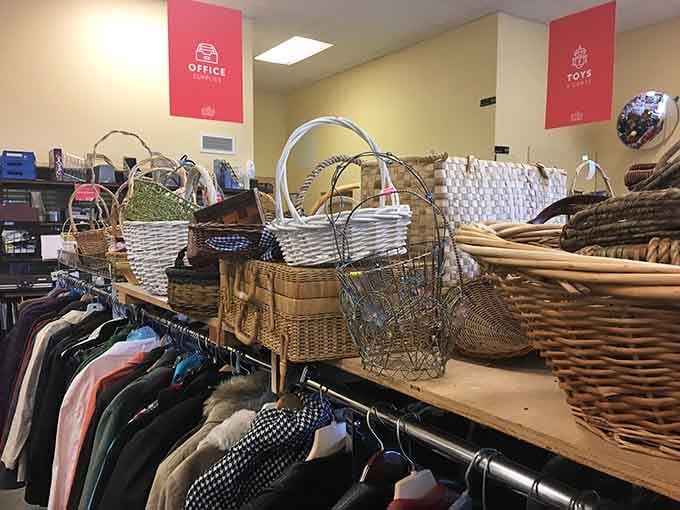 Wicker baskets in every size remind us that storage solutions can be both practical and charming.