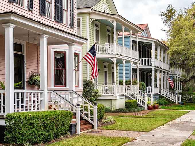 Pastel porches lined up like Easter eggs create the kind of neighborhood where every house tells a different story.
