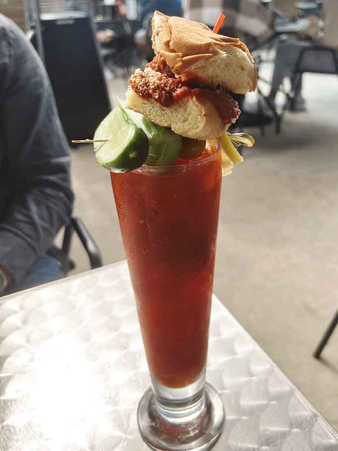 That Bloody Mary comes dressed for success with enough garnishes to qualify as a full meal option.
