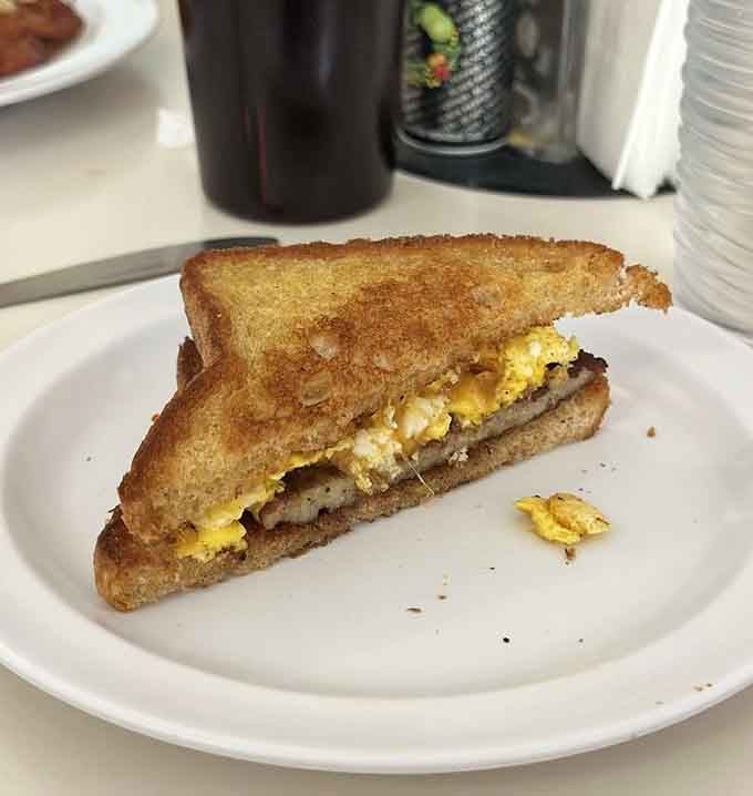 A simple breakfast sandwich on wheat toast proves that sometimes the classics don't need improvement, just proper execution.