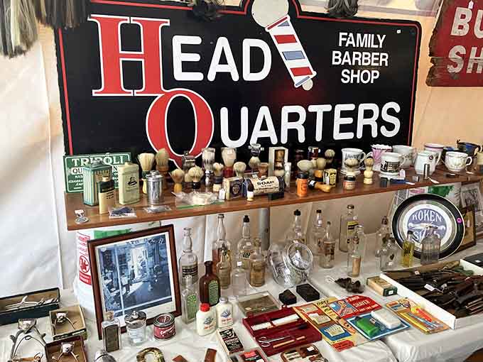 Old barber shop signs and shaving supplies evoke an era when getting a haircut was a proper event.
