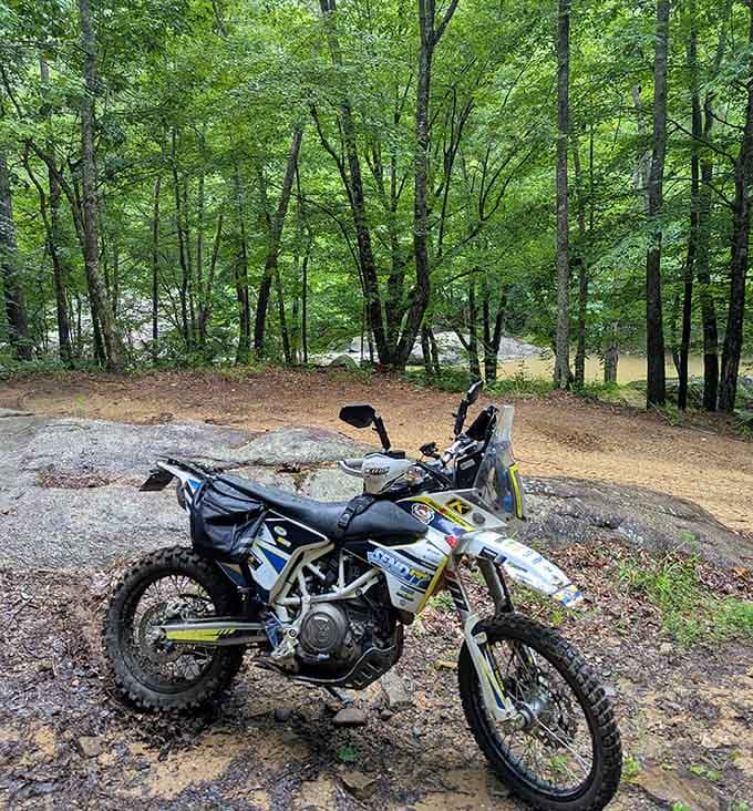 Adventure bikes find their happy place on these forest trails, where civilization feels like a distant and unnecessary concept.