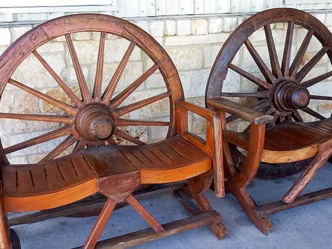 Wagon wheel benches outside that set the tone before you even walk through those welcoming front doors.