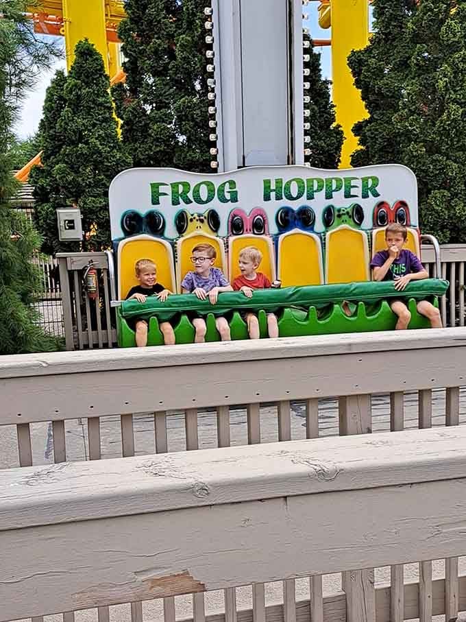 The Frog Hopper launches kids skyward with just enough bounce to thrill without terrifying, a delicate balance every parent appreciates deeply.