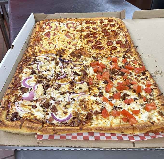 Four different topping sections mean everyone gets their favorite slice without compromise or negotiation required at dinner.