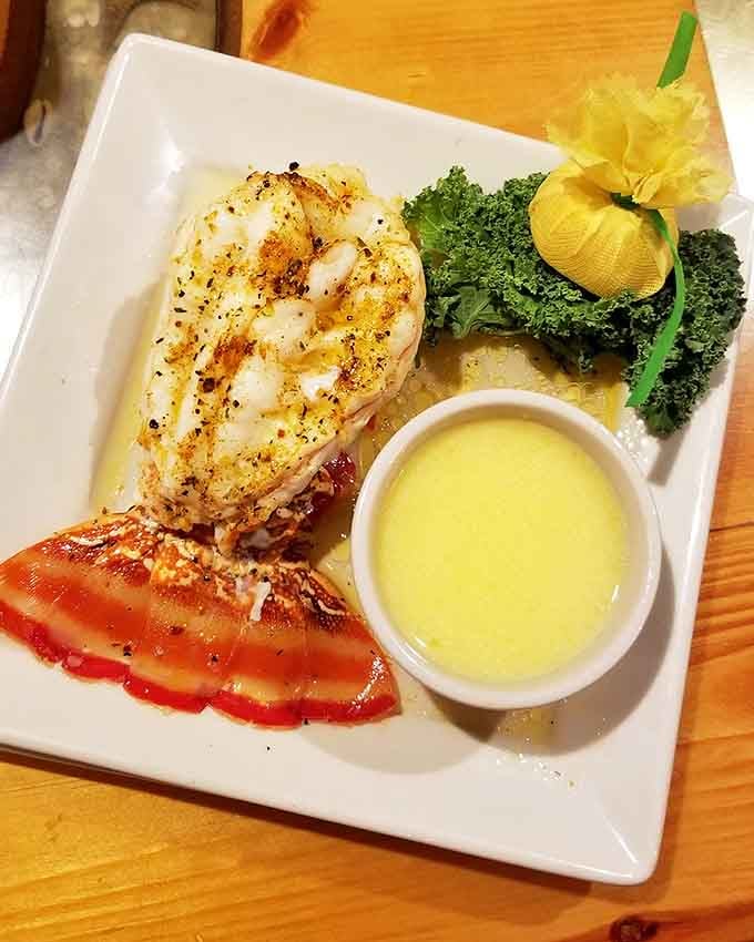 Lobster tail and jumbo shrimp plated so beautifully it almost seems wrong to eat it. Almost.