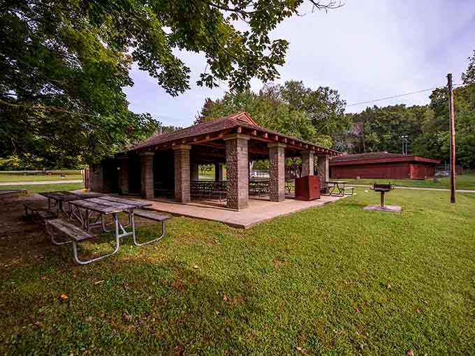 This covered picnic shelter proves that roughing it doesn't mean you can't enjoy your lunch in civilized comfort.