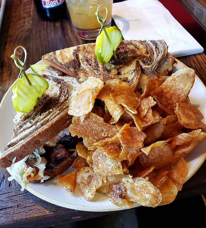 This towering Reuben with crispy chips shows that Casey J's doesn't skimp on the classic deli favorites either.