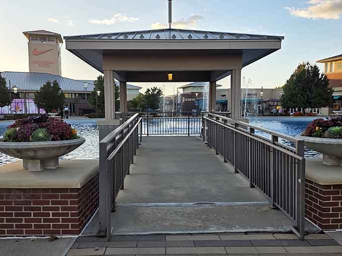 Evening light hits the pavilion area, creating the perfect ambiance for contemplating whether you really need that third shopping bag.