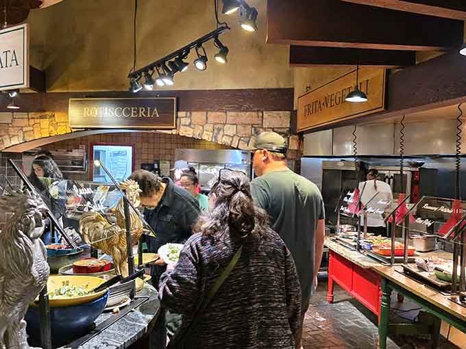 The rotisserie station draws a crowd like a magnet, and those golden chickens spinning are absolutely worth the wait.