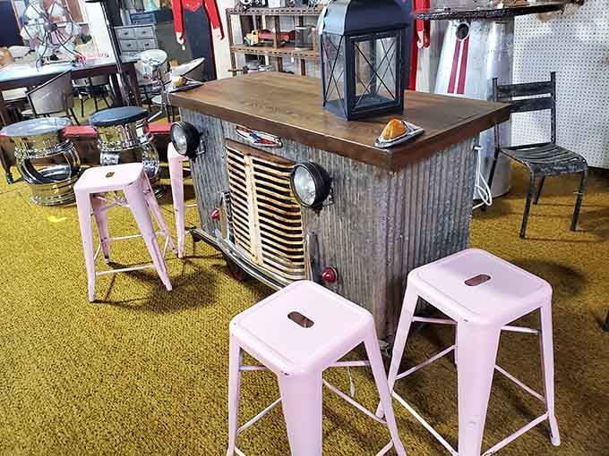 A repurposed vintage truck grille becomes the world's coolest bar setup&mdash;creativity meets automotive history beautifully.