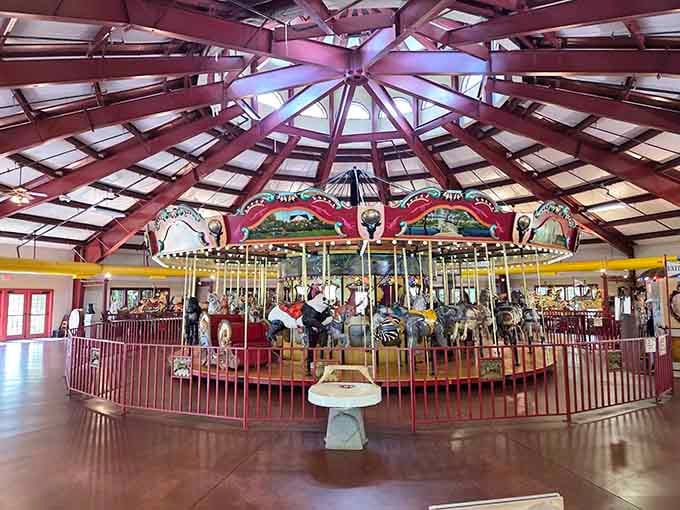 The vintage carousel spins memories and magic under a beautifully restored pavilion that whispers simpler times.