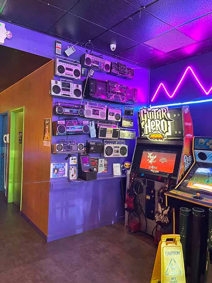 That wall of boom boxes represents approximately $47,000 worth of 1980s status symbols, batteries not included obviously.