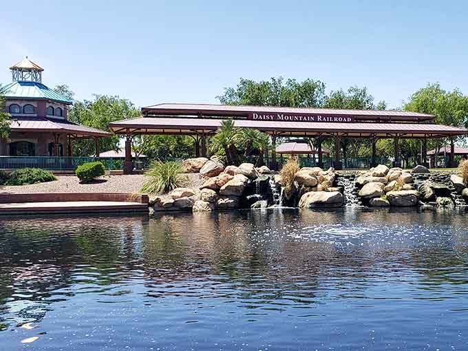 The scenic pond adds tranquility to your ride, proving trains and water features are friendship goals.