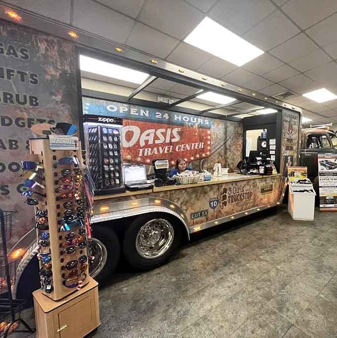 Even the payment counter looks like it belongs in a museum of American roadside attractions, complete with a pirate ship somehow.