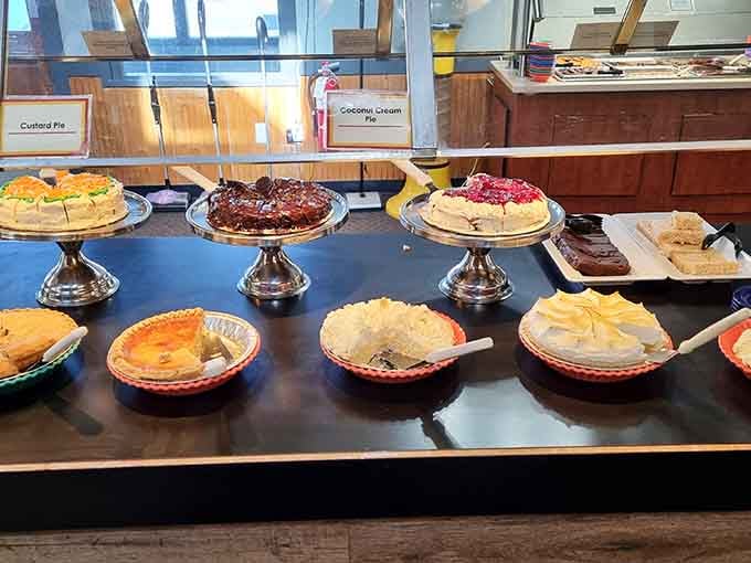 Pies on pedestals like edible works of art, each one more tempting than the last sweet masterpiece.