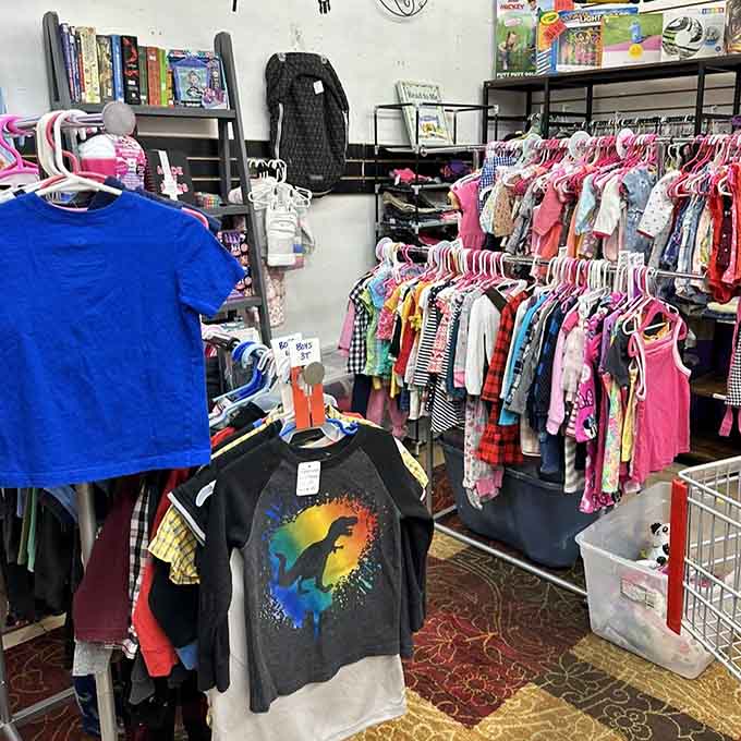 Children's clothing racks prove that tiny humans deserve vintage style too, one adorable outfit at a time here.