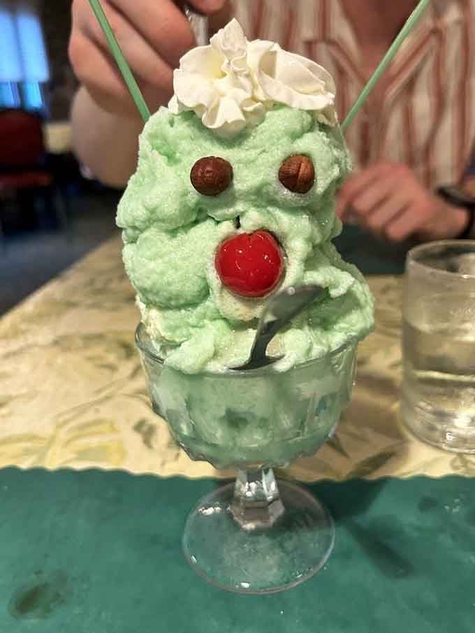 The grasshopper dessert drink arrives like a minty green snowman ready to party after your epic meal.