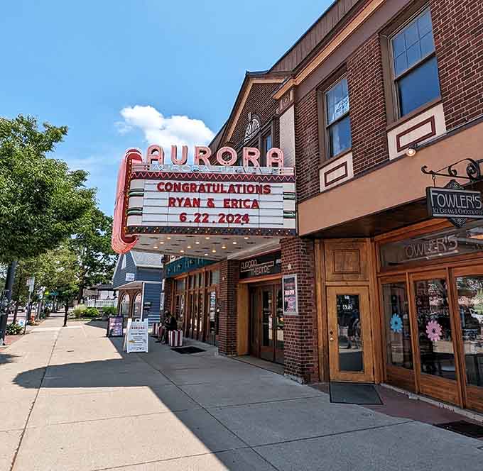 The Aurora Theatre's vintage marquee congratulates Ryan and Erica while making everyone else nostalgic.