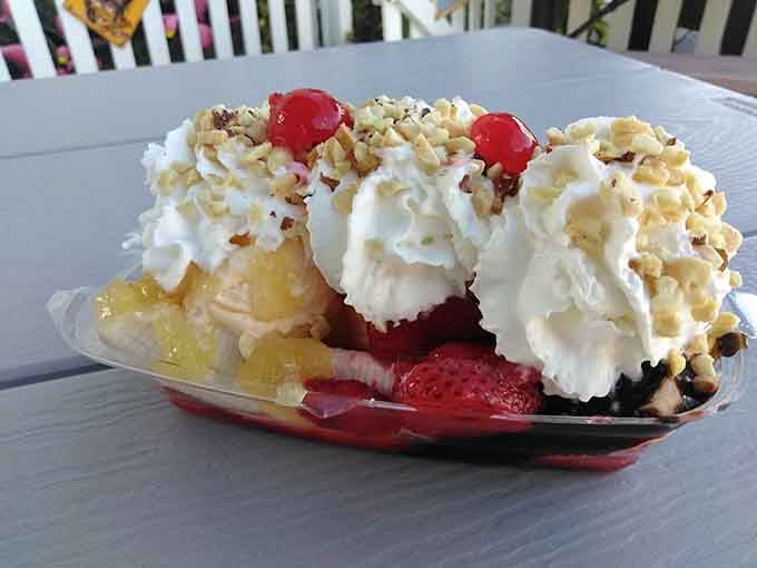 This banana split comes with whipped cream mountains that would make any dessert lover swoon uncontrollably.