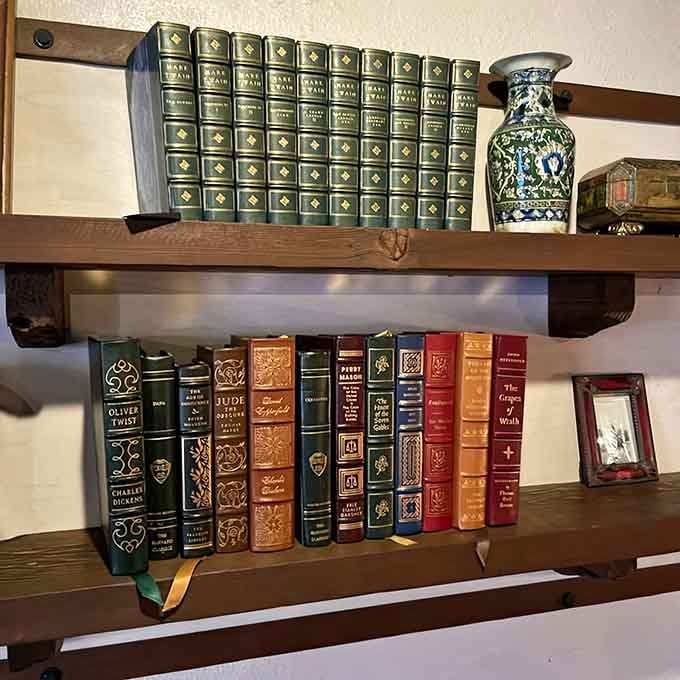 Classic literature on display adds unexpected sophistication to this beloved steakhouse's Western charm and character.