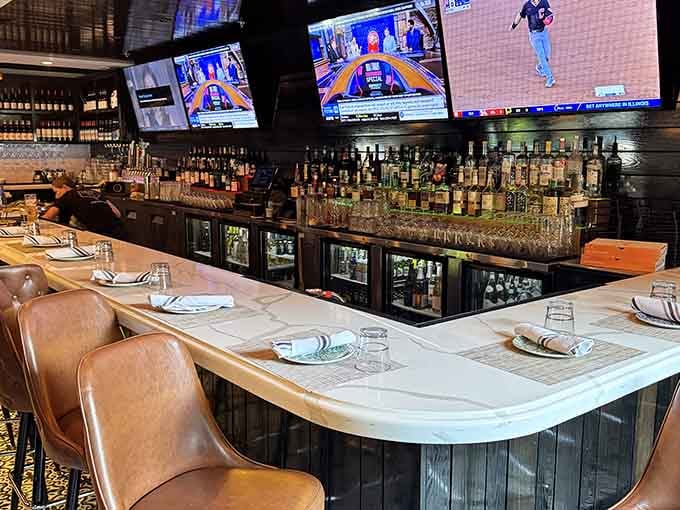 The bar area gleams with possibilities, from craft beers to Italian-inspired cocktails and everything between them all.