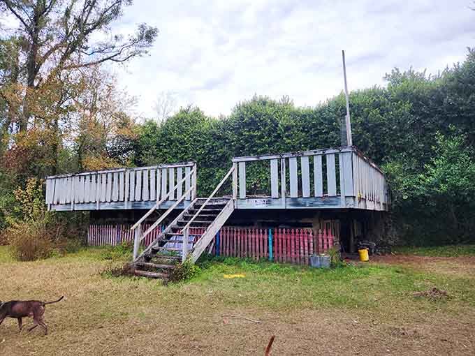 This elevated wooden deck might look precarious now, but it once served an important purpose in this riverside community's daily life.